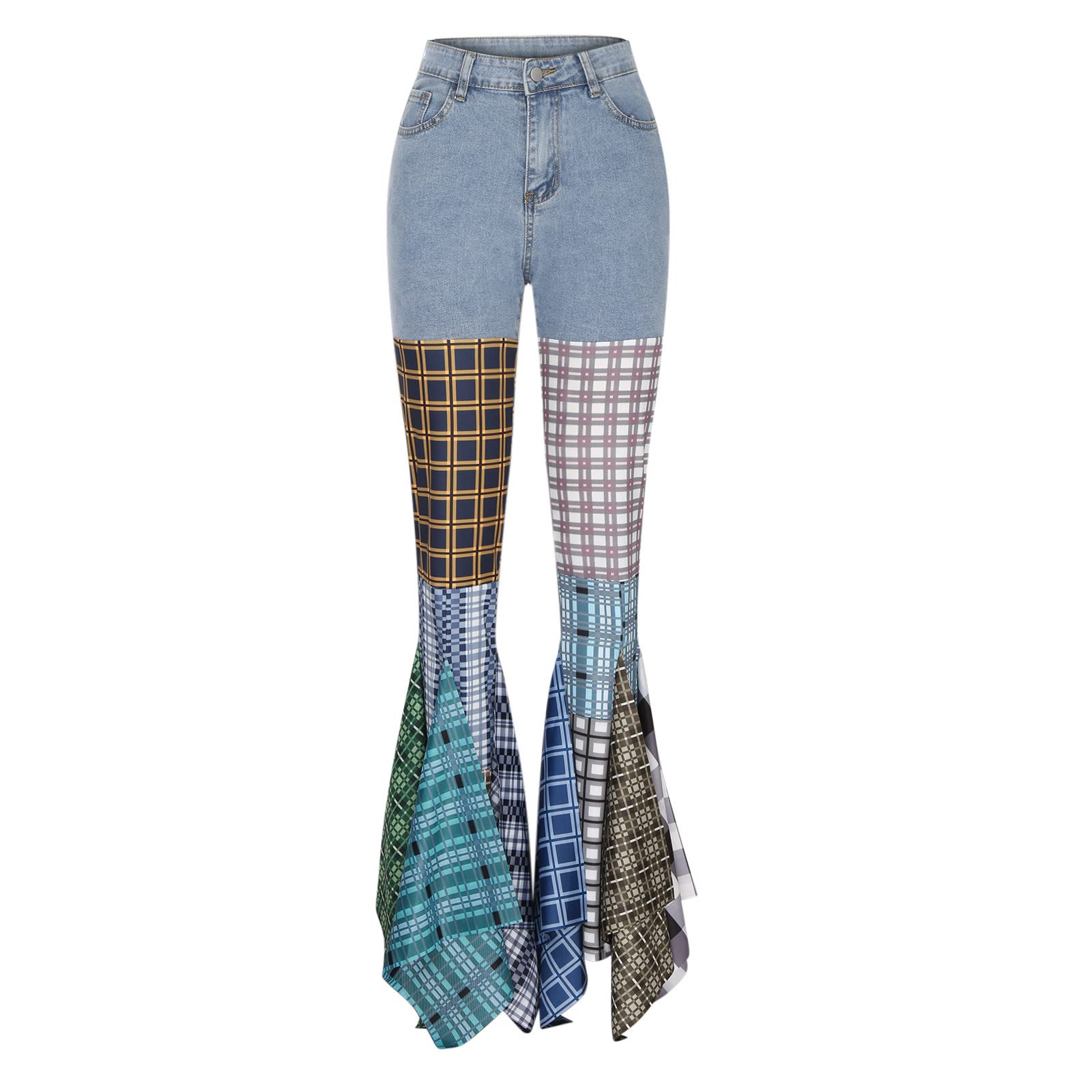 Women Patchwork Flared Jeans Trendy Plaid Splicing Bell Bottom Denim Pants Stylish High Wasit Cowboy Wide Leg Trousers Blue