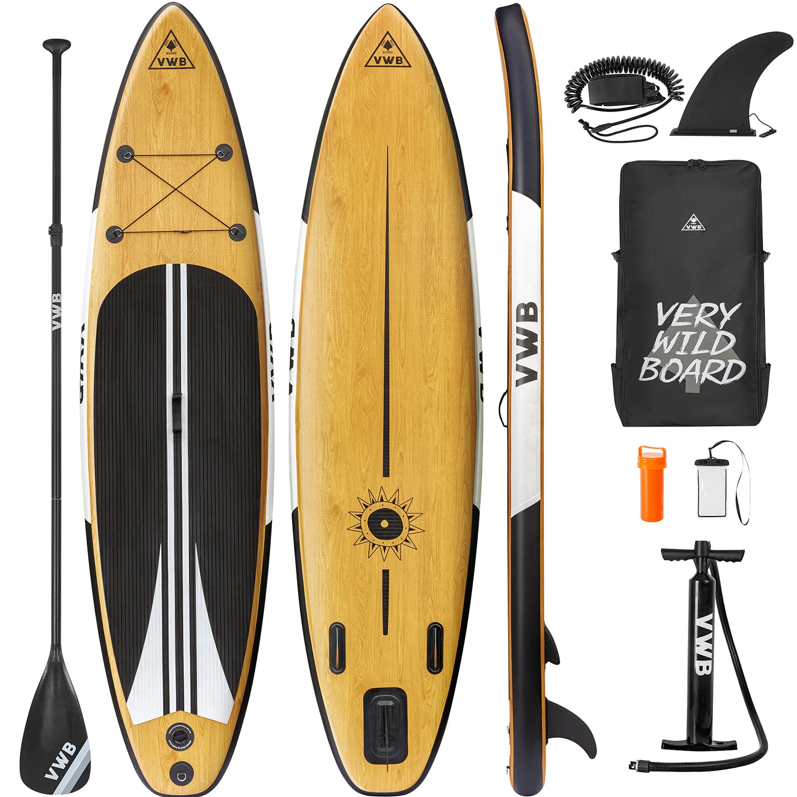 VWB Inflatable Stand Up Paddle Board (11'×33"×6") with SUP Accessories & Backpack Non-Slip Deck Waterproof Bag Adjustable Paddle Hand Pump Leash Caudal Fin Repair Kit for Youth & Adult BLACK&WHITE