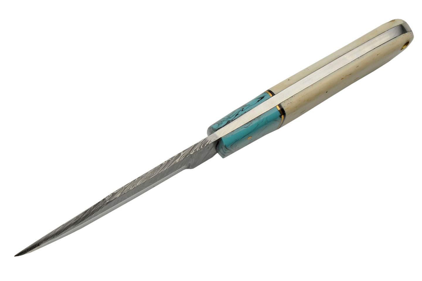 Szco Supplies 8.5" Damascus Steel Bone Handle Hunting Knife with Sheath, White/Turquoise (DM-1275)