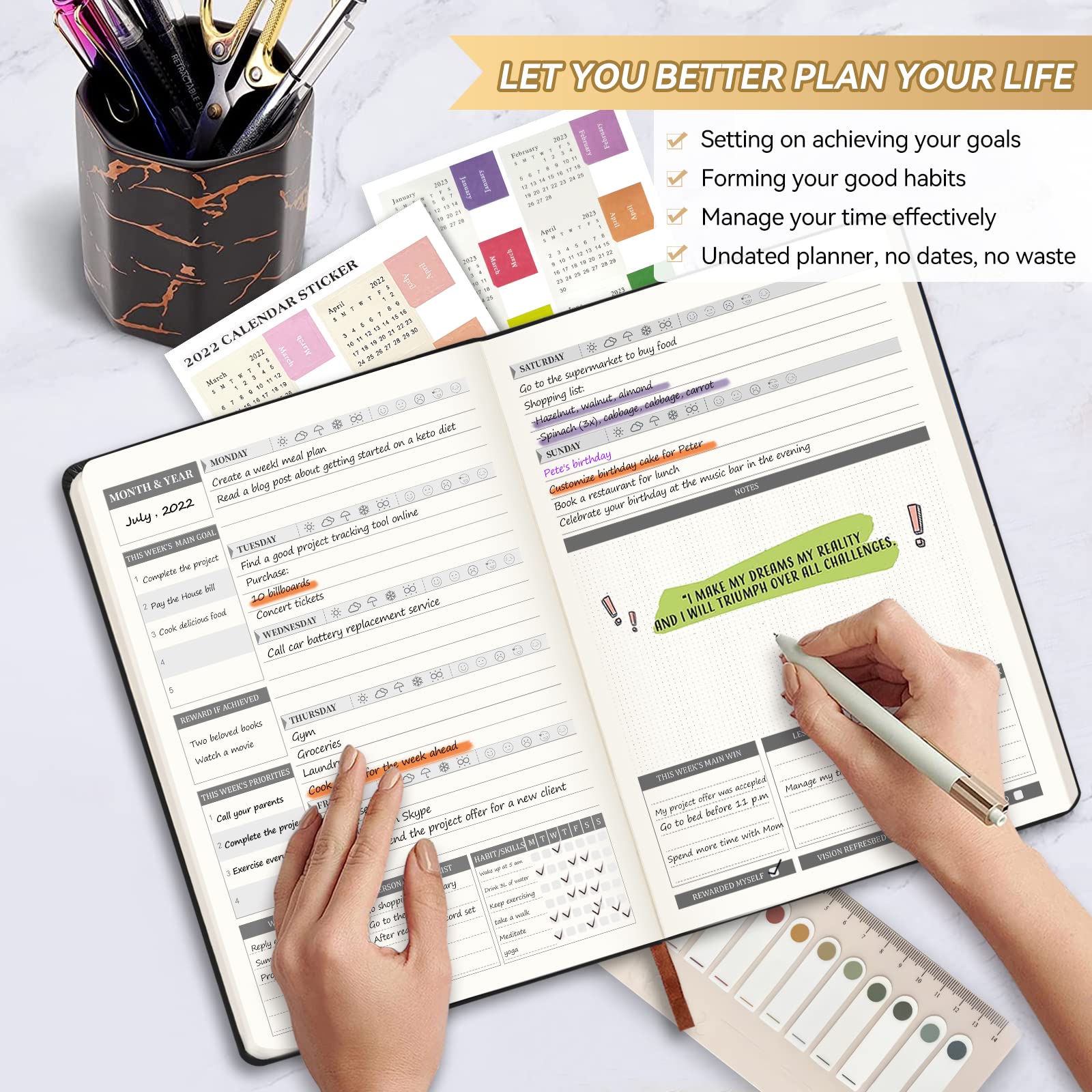 Soomeet Weekly Planner, Undated Planner Weekly and Monthly, Goal Planner, Calendar Stickers, Faux Leather Cover, Time Management Manual and Planner, A5 Hardcover with Ruler, 200 Pages, Black