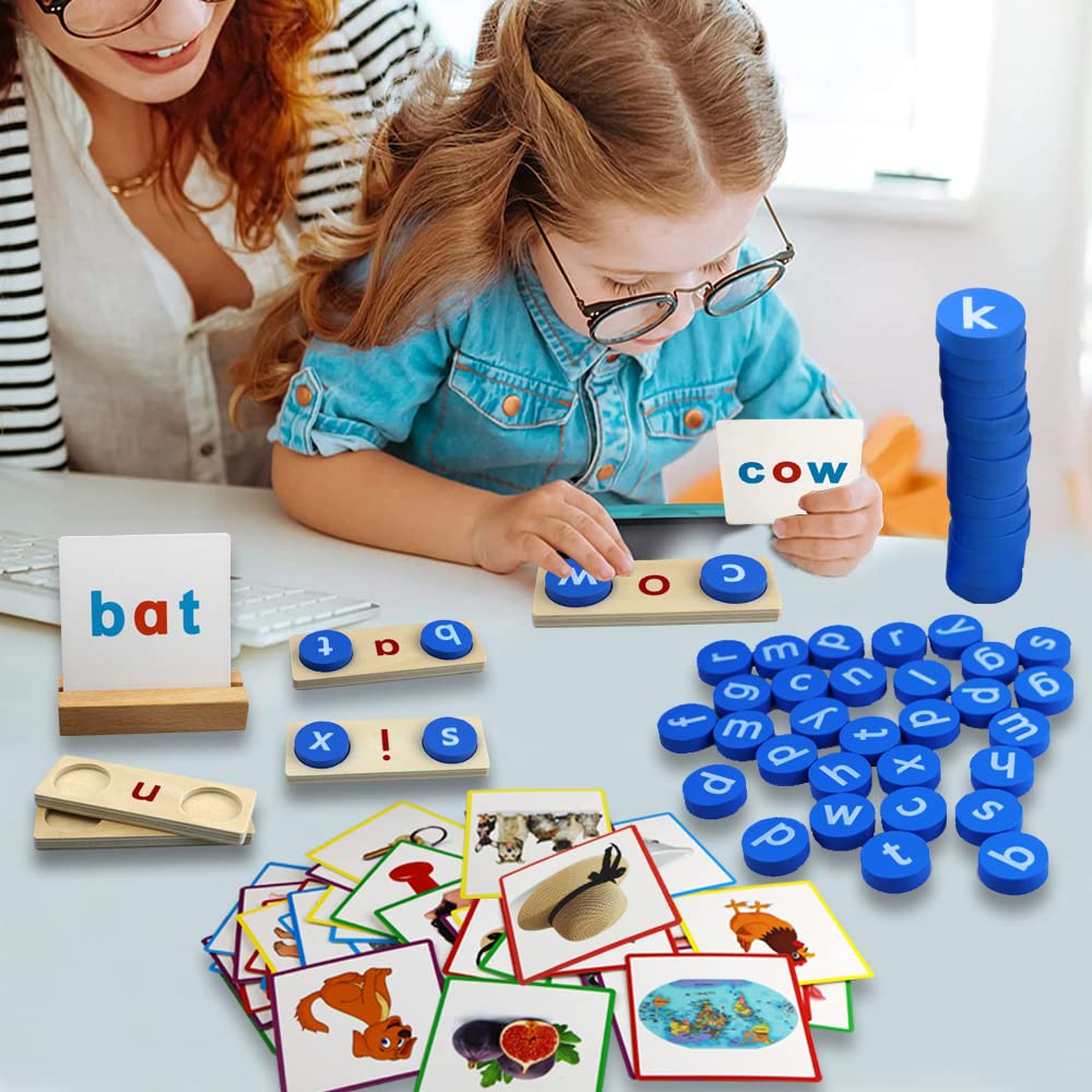 Wooden Short Vowel Reading Letters Spelling Toys, Alphabet Puzzle Flashcards Learning Activities Sight Words Reading Blocks Educational Toys for 3 4 5 Years Old Kids