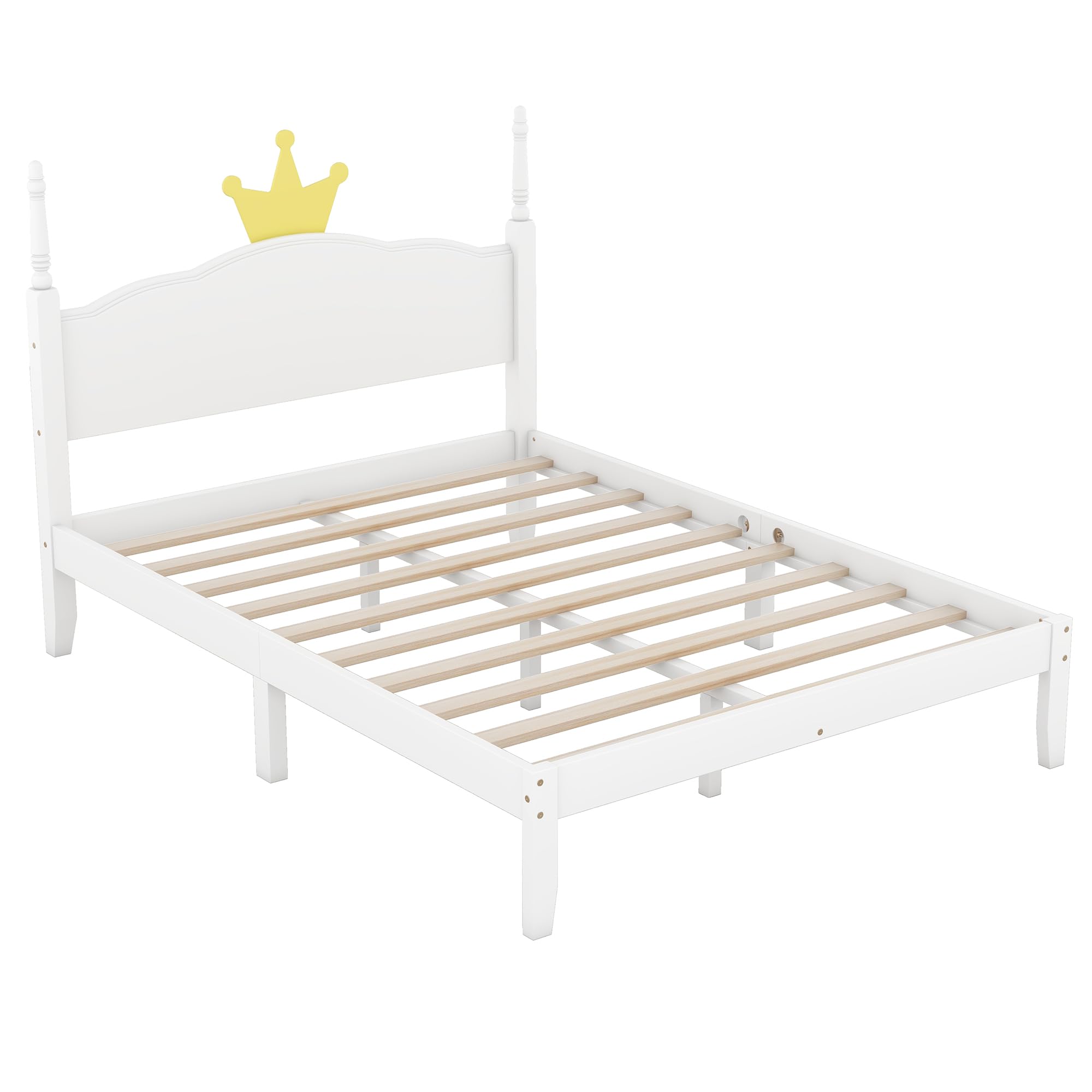 Rhomtree Full Bed Frame with Crown Shaped Headboard, Wood Full Size Platform Bed Frames with Headboard for Boy Girl Kids,No Box Spring Needed(White, Full)