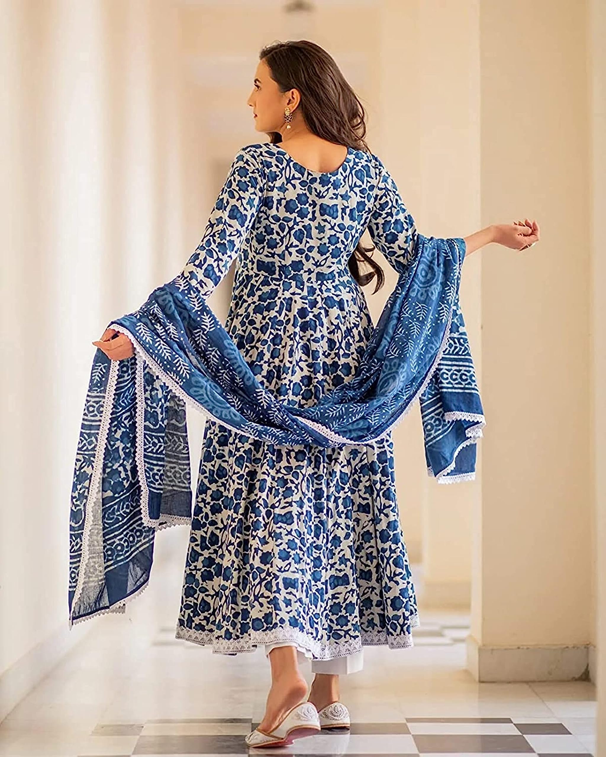 NANNUDECO Cotton Kurtis For Women Blue Anarkali Kurta With Palazzo Dupatta set (M)