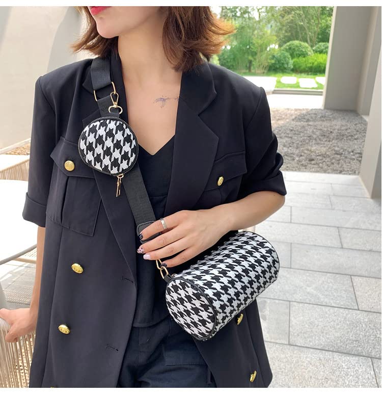 Women Fashion Houndstooth Printed Crossbody Shoulder Bag Lady Small Clutch Handbag with Mini Wallet Coin Purse
