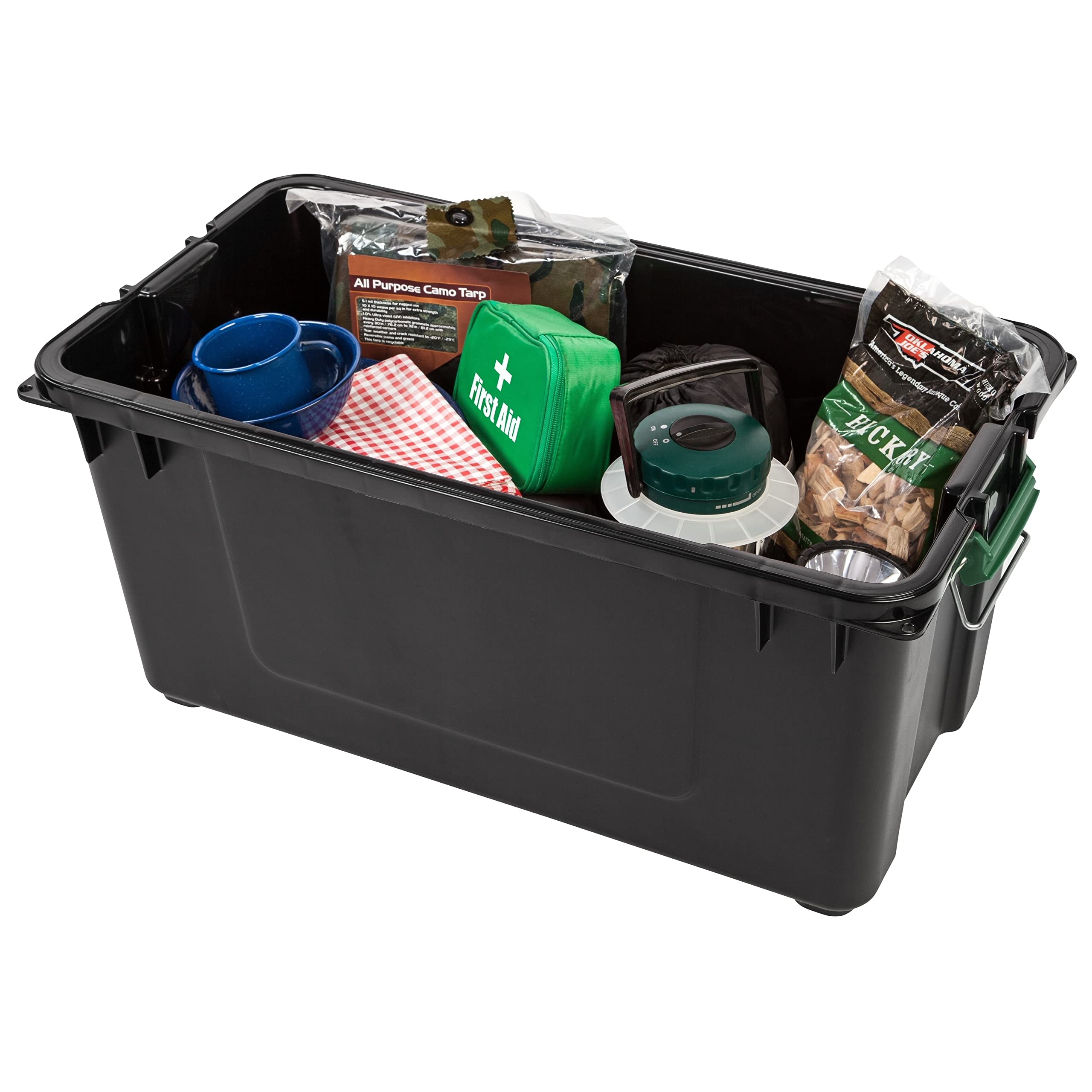 Remington 20 Gallon Loackable WEATHERTIGHT Storage Totes with Lids, Heavy-Duty Durable Stackable Containers, 4 Pack - Green Lid, Large Garage Organizing Bins, Rugged Sturdy Equipment Utility Tool Box