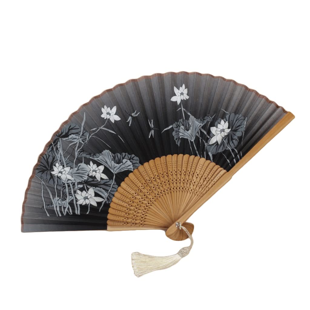 Vintage Pattern Hand Fan Black Bamboo Silk Folding Fan Hand Held Folding Fans Chinese/Japanese Retro Style for Women Girls (Color : Black C)