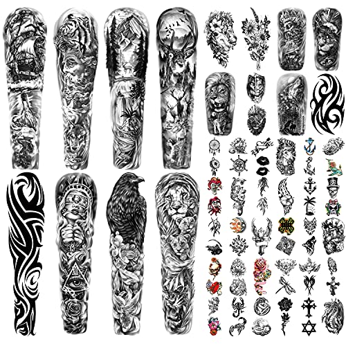 SOOVSY 46 Sheets Full Arm Temporary Tattoo with Lion, Temporary Tattoo Sleeves for Men, Fake Tattoos Adult Realistic with Flower, Full Sleeve Tattoos for Women w/Wolf Eagle & Deer