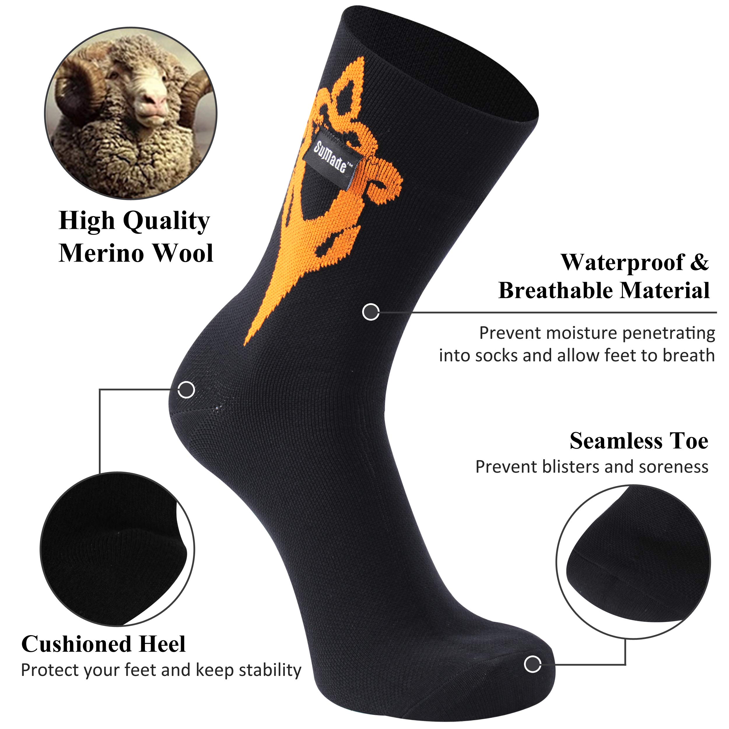 SuMade Waterproof Socks for Women, Merino Wool Hiking Socks Boot Cushion Cycling Biking Fishing Kayaking Socks(Black&Orange, Small)