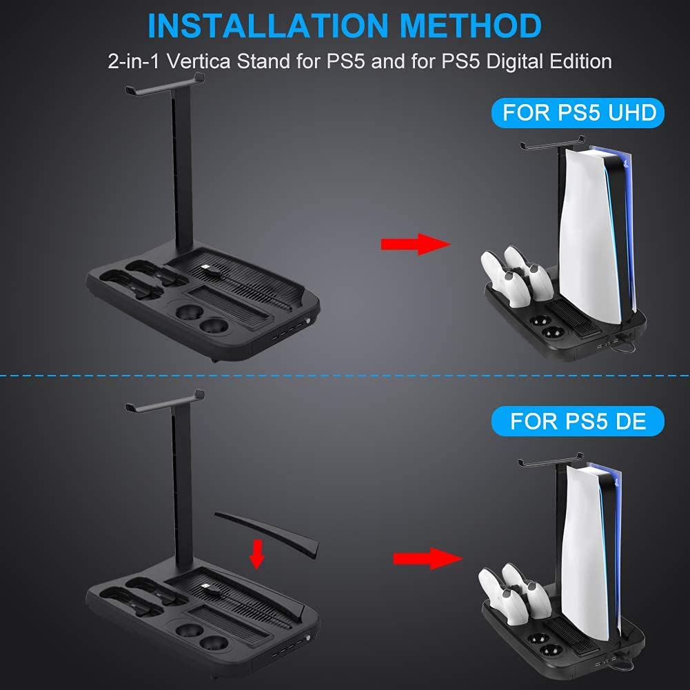 PS5 Charging Stand for Playstation 5/PS5 Ultra HD with Cooling Fan/P-Move Controller Charger/P-VR 1/2 Converter Storage Stand,PS5 Vertical Station Dock with 4 Controller Chargers Game Storage