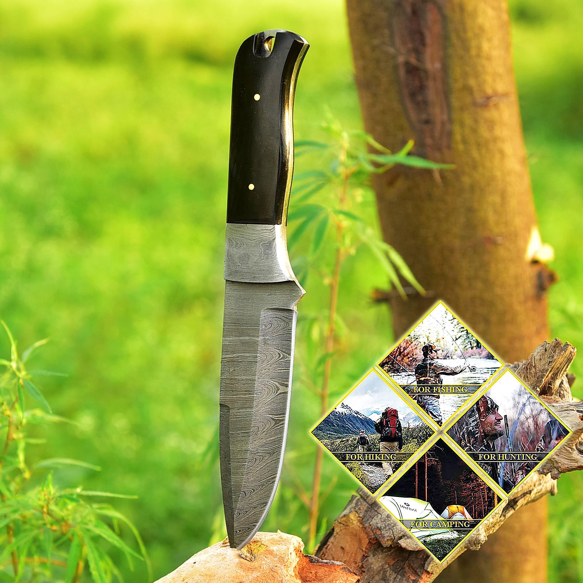 SharpWorld Buffalo Horn Damascus Knife Made Of Remarkable Damascus Steel -Best Hunting Knife with Sheath TJ105