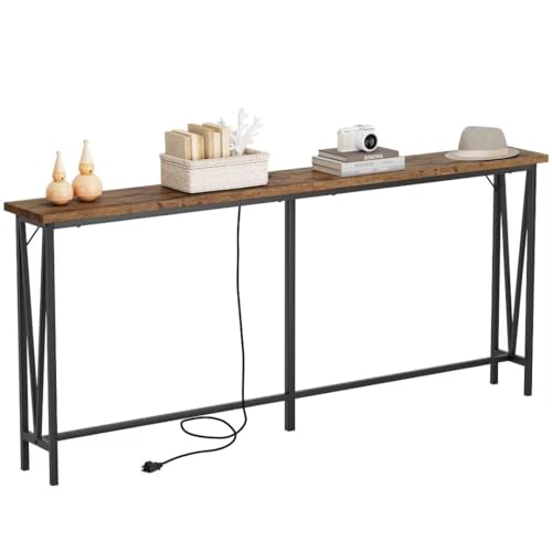 Narrow Console Table, 72.8 Inch Extra Long Entryway Table with Outlet and USB Ports, Narrow Sofa Table for Living Room Hallway Foyer, Rustic Brown