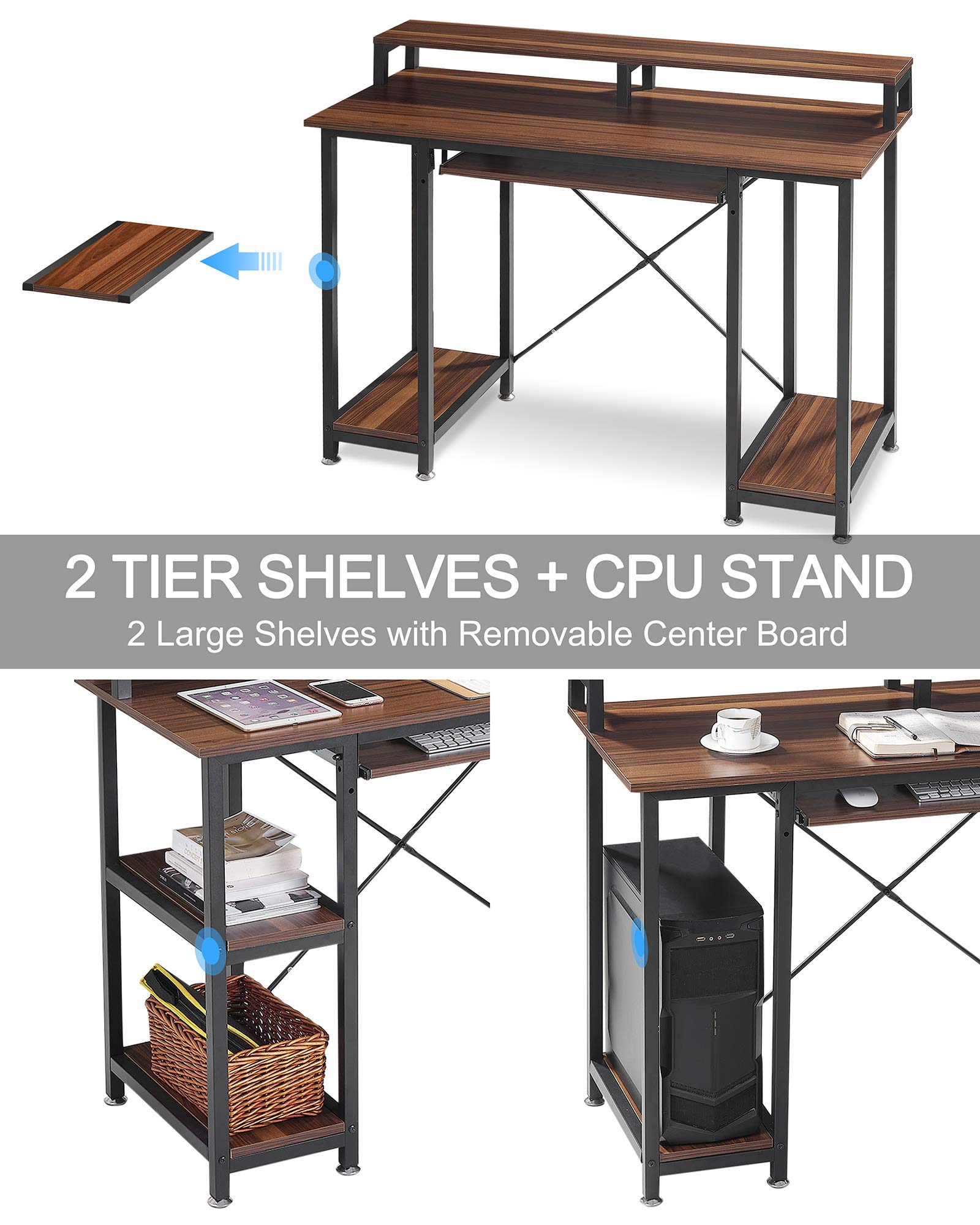 QooWare Computer Desk with Shelves, 47" Writing Desk w/Keyboard Tray & Monitor Stand Riser - Achieve More, Strain Less - Large Desk Space Wooden Study Table for Home Office