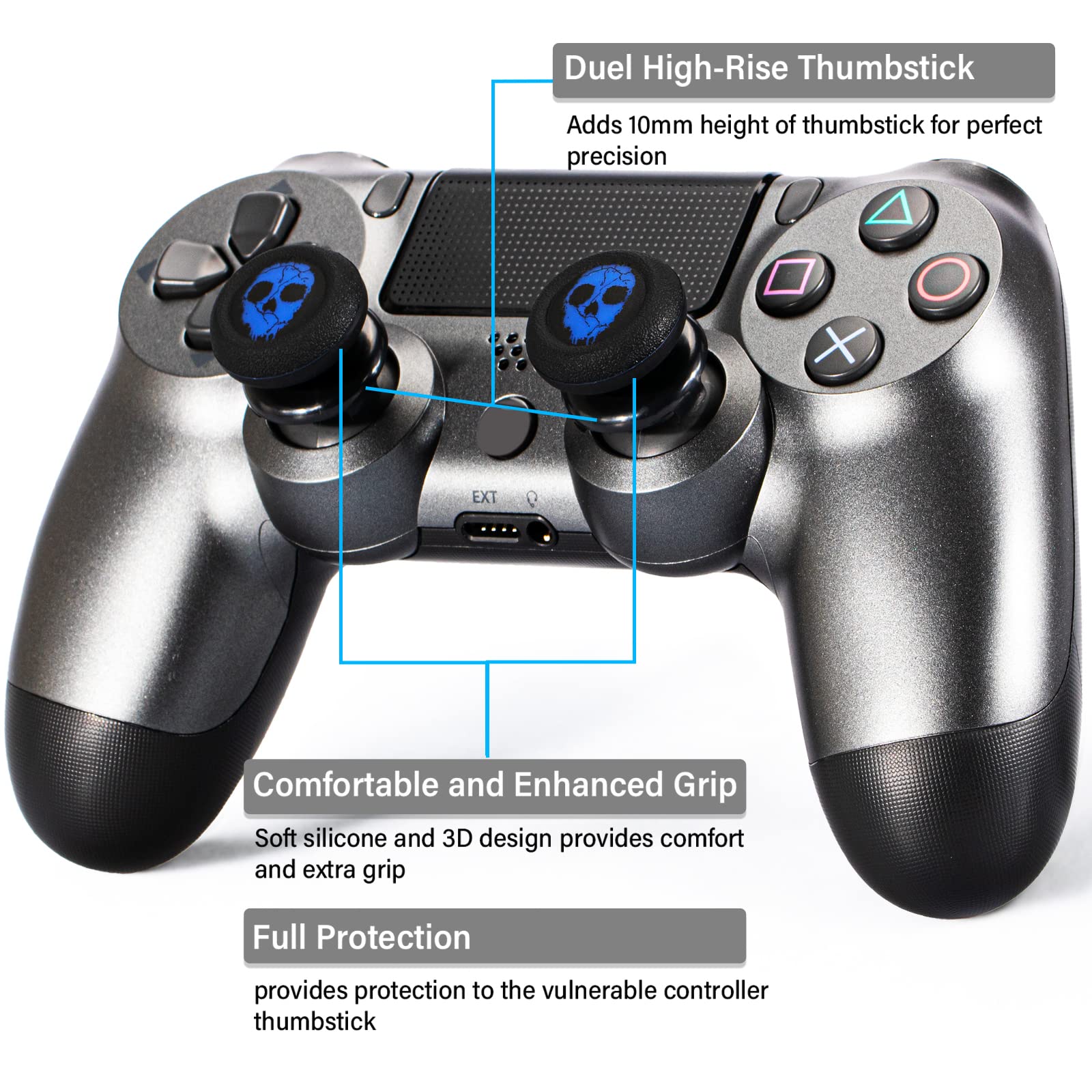 Playrealm FPS Thumbstick Extender & Printing Rubber Silicone Grip Cover 2 Sets for PS5 Dualsenese & PS4 Controller (Ghost Blued)