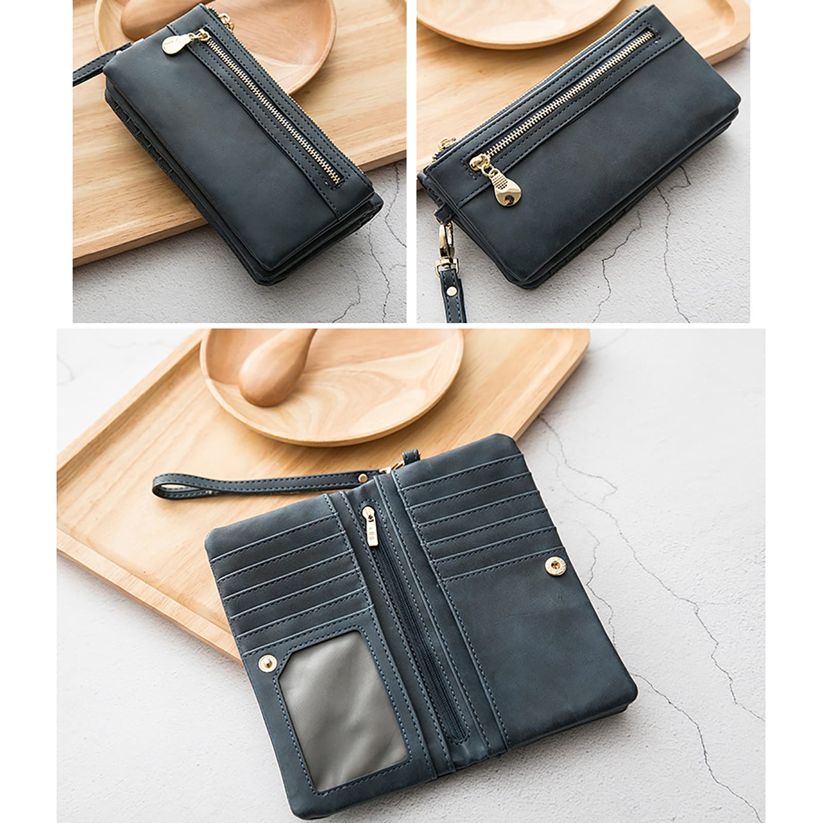 Women's Large Capacity Zip Wallet Phone Holder Clutch Travel Long Purse Wristlet (Black)