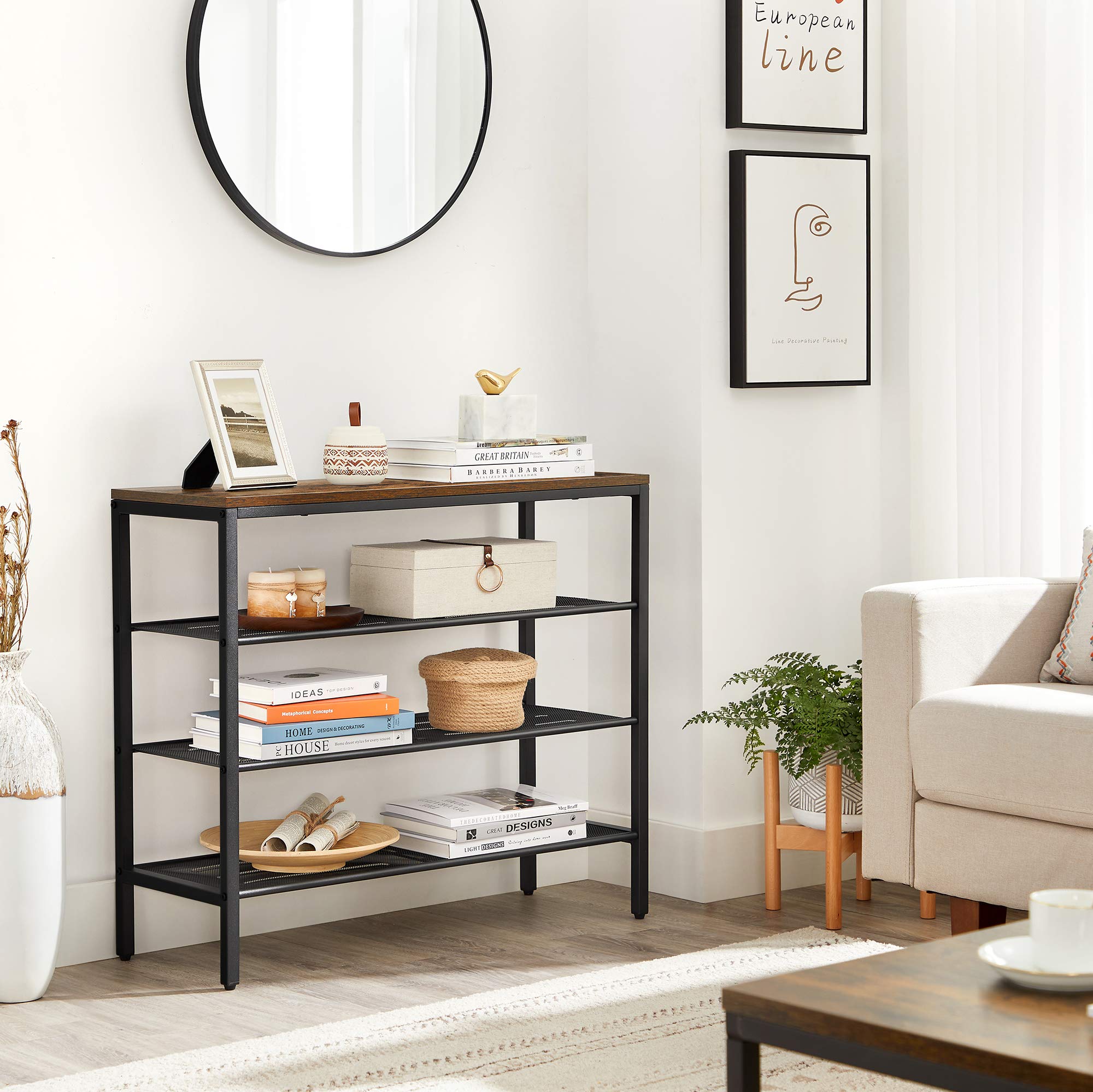VASAGLE 5-Tier Rack, Freestanding Shoe Storage Organizer, Mesh Shelves, Space-Saving in the Entryway, Industrial, Rustic Brown + Black