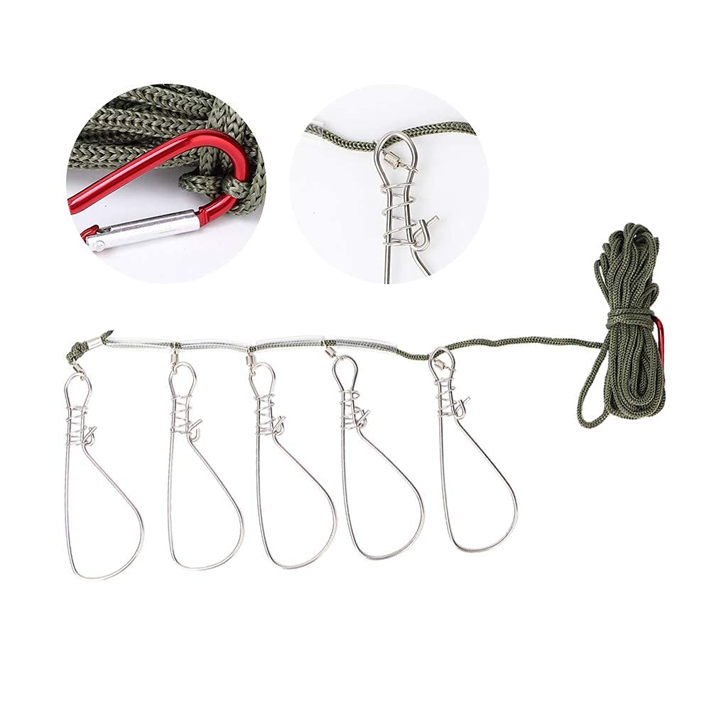 Stainless Steel Heavy Duty Fishing Catch Stringer with 5 Lock Snaps Ropes Float, Ideal for Fishing Lovers