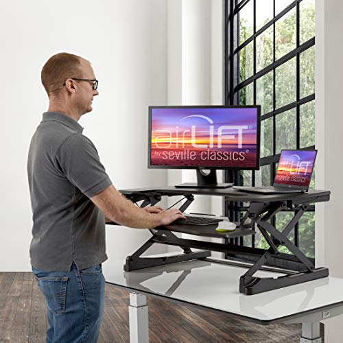 Seville Classics Airlift Height Adjustable Sit Converter Workstation Standing Ergonomic Dual Monitor Riser Keyboard Tray & Phone/Tablet Holder, Cut-Out Desk 35", Black