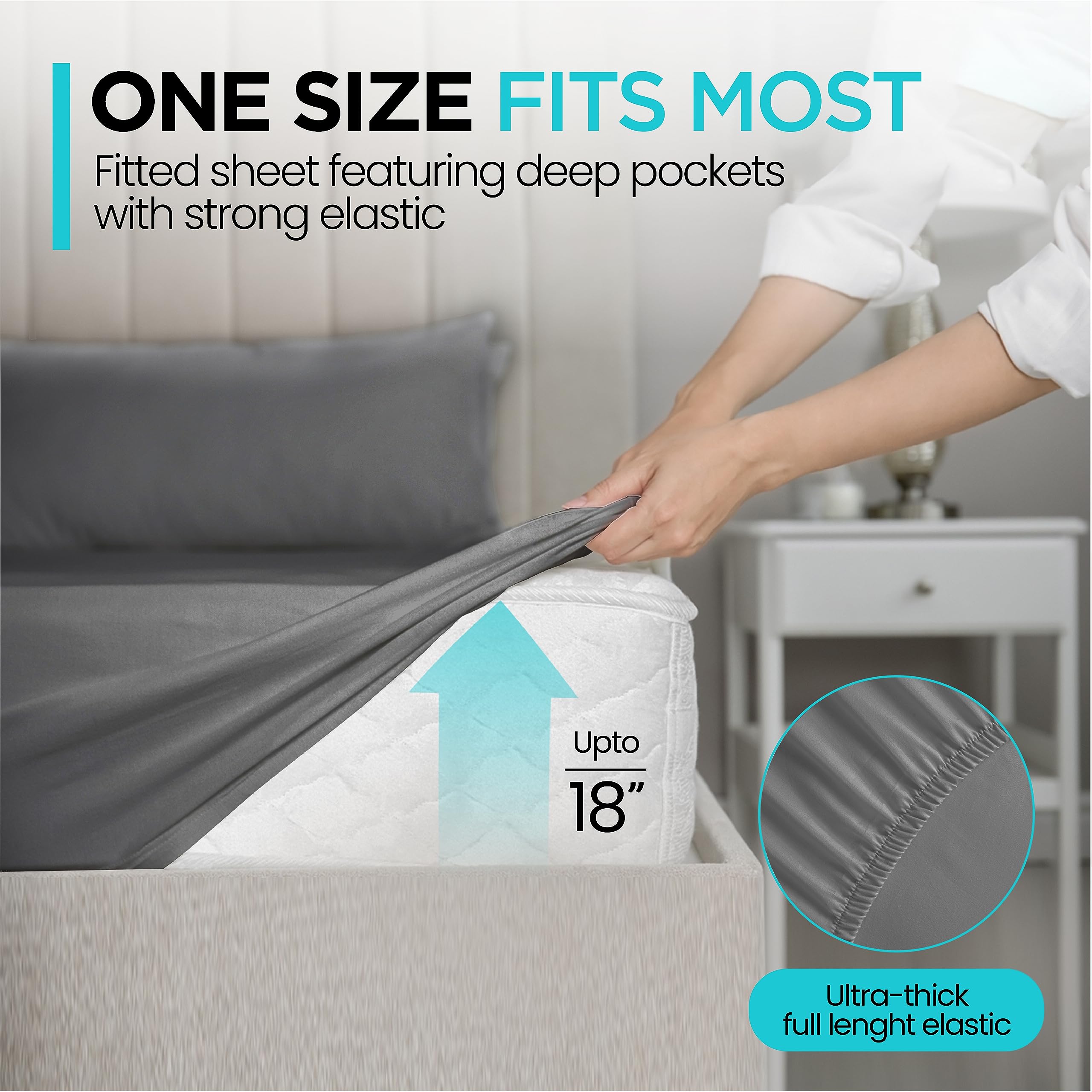 Queen Size Sheet Set Dark Grey Bed Sheet 4 PC Luxury Hotel Set Cooling Deep Fitted Pocket Buffy Sheet Adjustable Soft Beding Breathable Linen Microfiber High Thread Count Easy Care Bedroom Decor