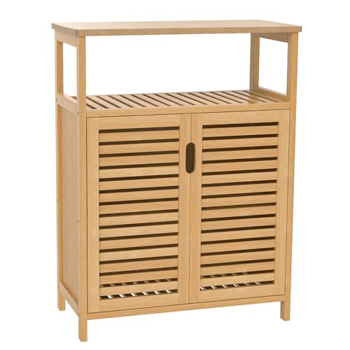Purbambo Bamboo Bathroom Storage Cabinet with 2 Doors, Bathroom Floor Freestanding Cabinets Organizer for Living Room, Kitchen, Entryway