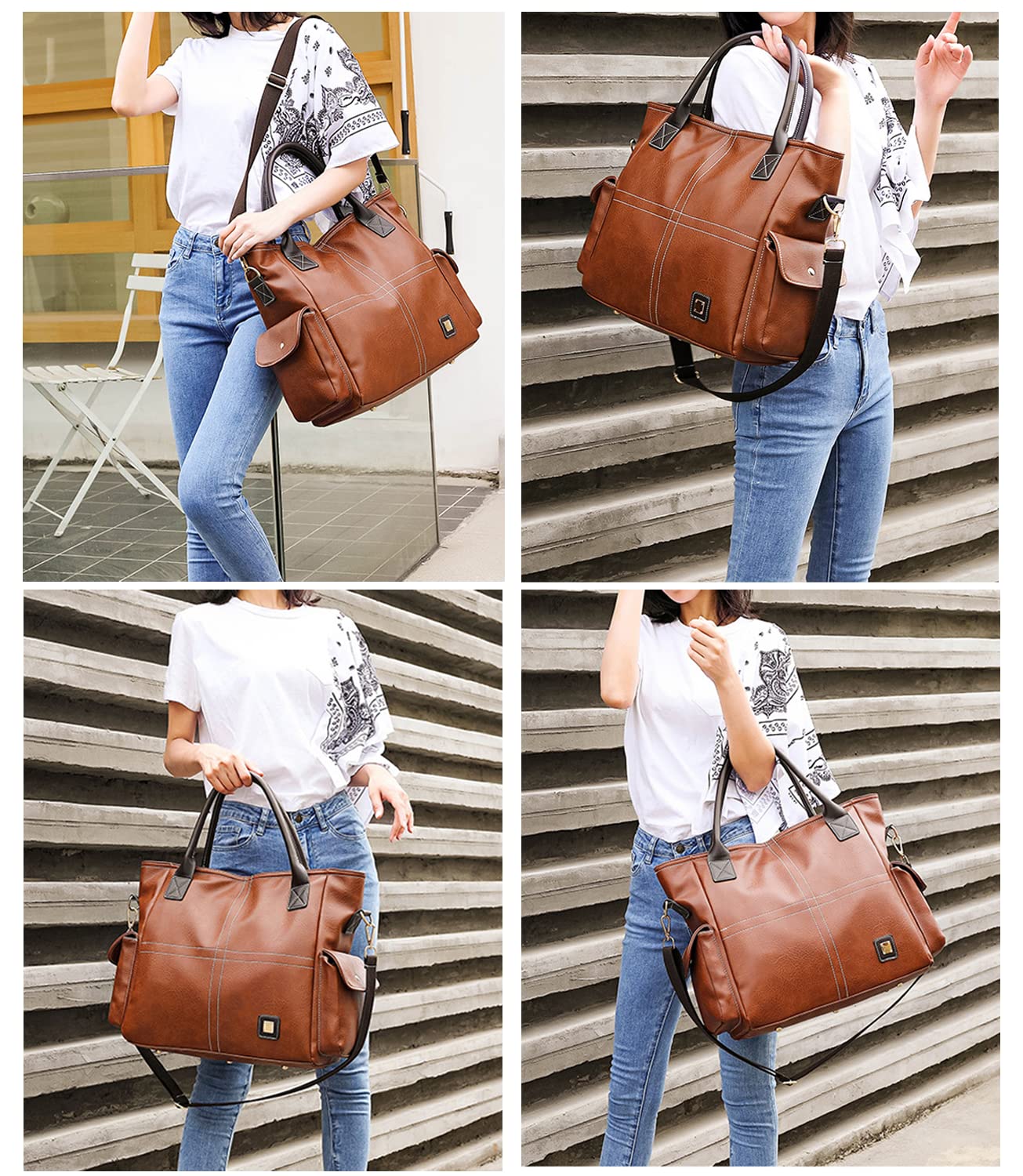 Women Top Handle Satchel Handbags Large Purses Faux Leather Tote Bag School Shoulder Bag with External Pocket (black)