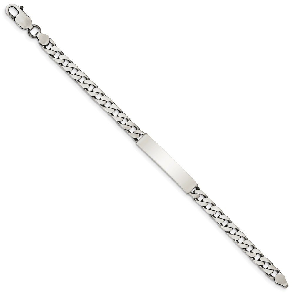 Solid 925 Sterling Silver 7inch Engravable Vintage Antiqued Curb Cuban Link ID Bracelet Engravable Identification Name Bar Tag - with Secure Lobster Lock Clasp 7" (Width = 6mm)
