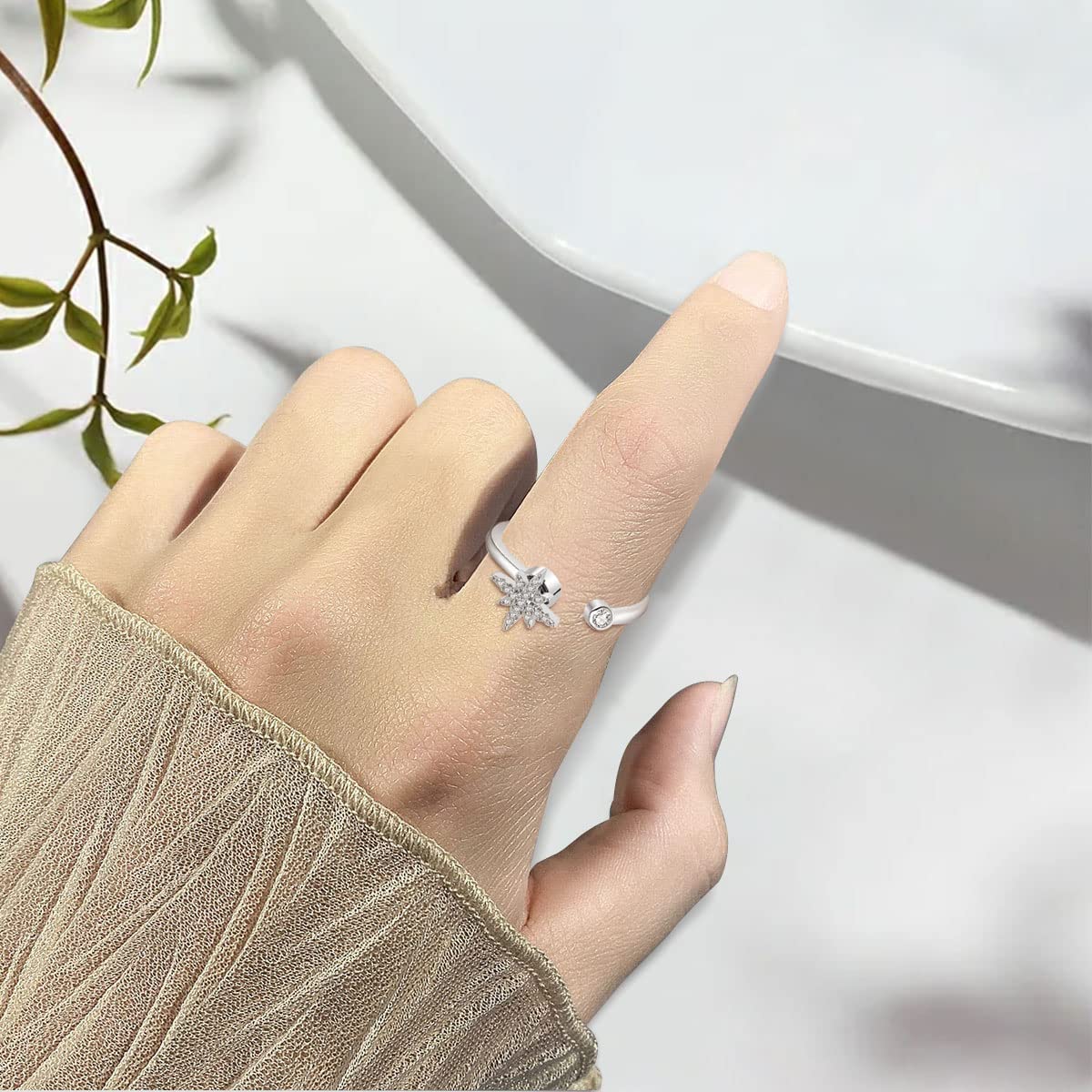 Vito Sterling Silver Fidget Anxiety Ring for Women Girls, Adjustable Open Spinner Ring, Rotatable North Star Stress Relief Band Ring, Stacking Ring Jewelry Gift for Mother Sister