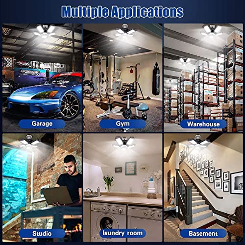 TANBABY Metal LED Garage Lights 2 Pack 150W Garage Light 15000LM LED Garage Lights with 5+1 Multi-Position Panels Deformable E26/E27 Garage Lighting LED Shop Light 6500K Daylight for Garage Basement