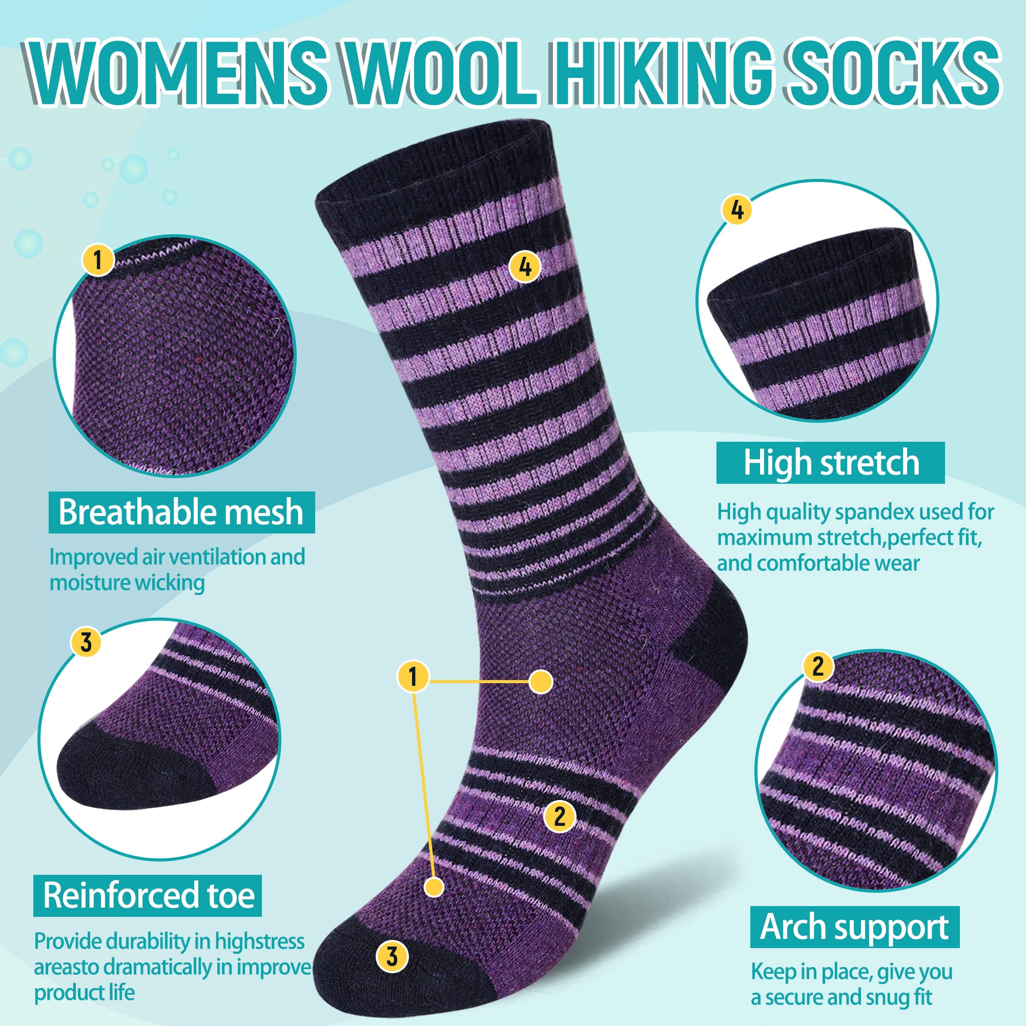 Women Hiking Socks Merino Wool Winter Warm Thermal Work Boot Cushioned Cozy Crew Socks 5 Pairs(Stripe-B)
