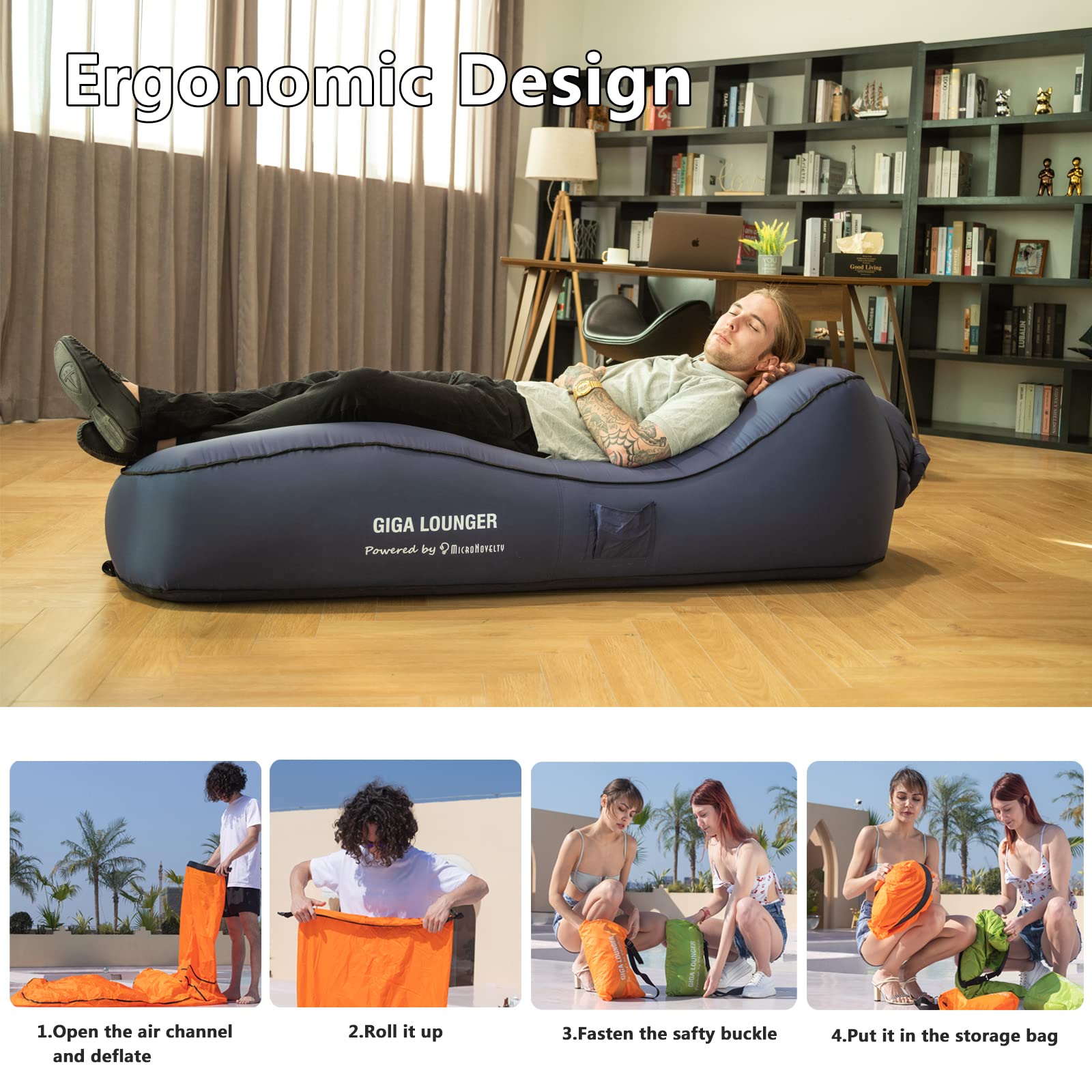 SAPHALTON Inflatable Lounger Air Sofa, Automatic Inflatable Chair, Blow Up Couch for Camping, Traveling, Outdoor, Hiking, Picnic, Backyard, Navy Blue