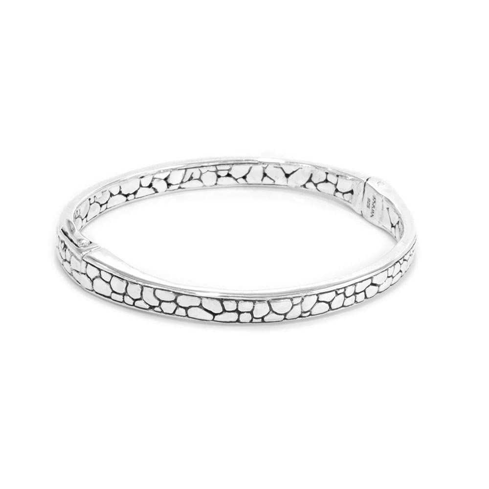 Sarda - .925 Sterling Silver Watermark Mosaic & Polished Finish Hinged Bangle Bracelet - Handmade by Bali Artisans - 7-3/4"