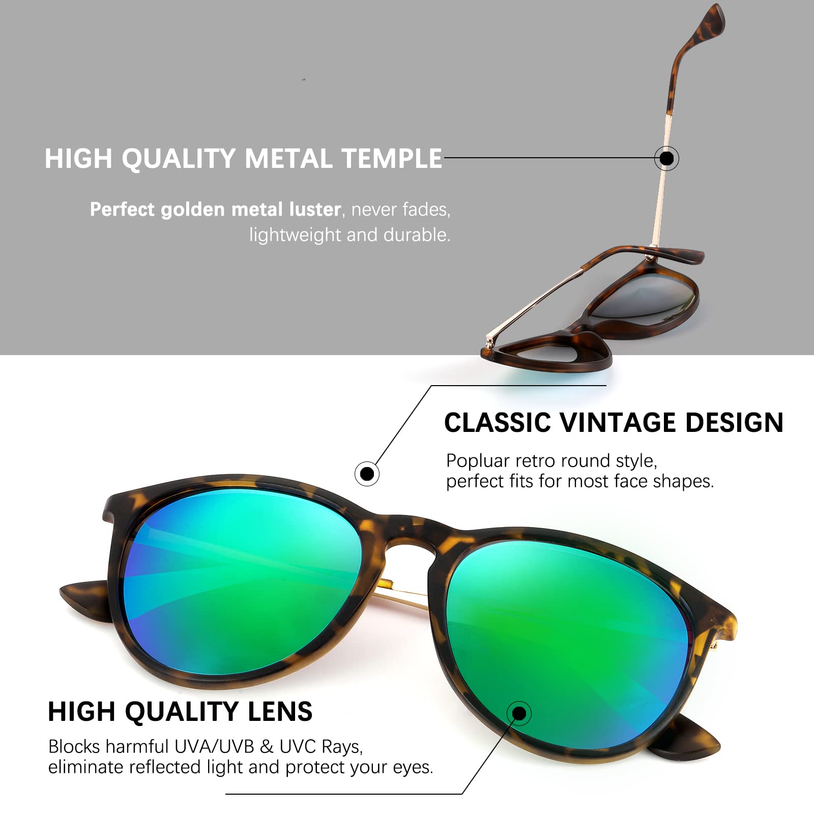 VIYSIOO Sunglasses for Women Men，Womens Vintage Sunglasses Trendy Round Classic Retro Mirrored Polarized Sun glasses