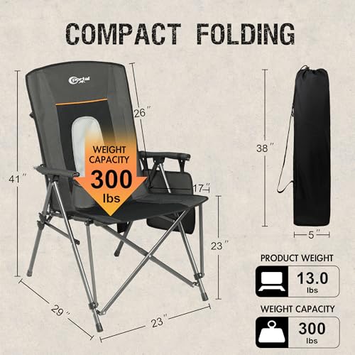 PORTAL Oversized Folding High Back Lawn Chairs Portable for Adults Outside Hard Armrest Cup Holder Carrying Strap for Camp Soccer Sports, Supports 400LBS, Black