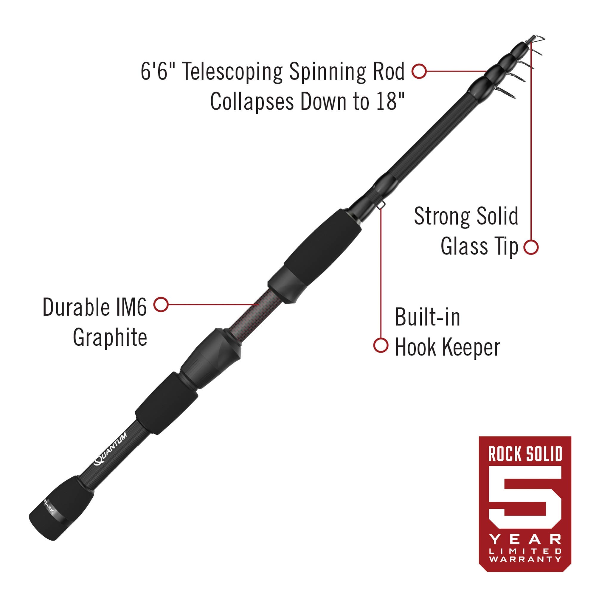 Quantum Embark Telescopic Spinning Fishing Rod, 18-Inches to 6-Foot 6-Inch Telescopic Fishing Pole, IM6 Graphite Fishing Pole, Moderate Action, Medium Power, Split-Grip EVA Handle, Black