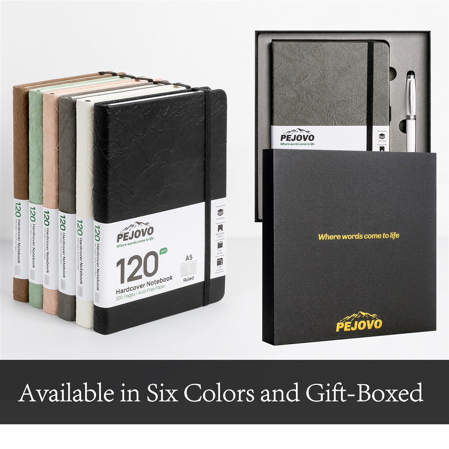 Pejovo A5 Lined Leather Journal Notebook With Pen, (Black), 200 Pages, Medium 5.9×8.4 inches - 120gsm Thick Paper, Sturdy Hardcover Journal for Men Women Writing, Daily Diary and Note Taking