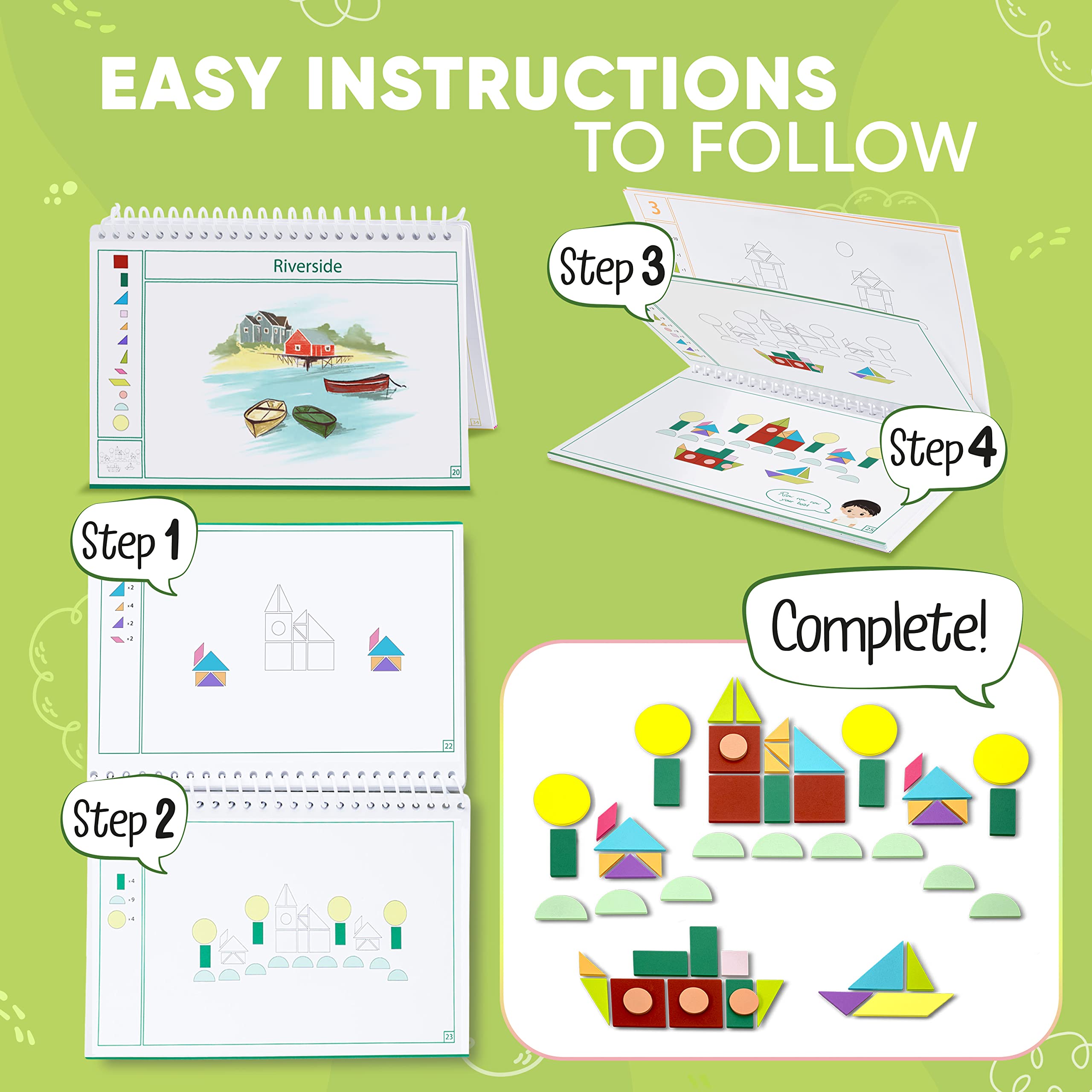 Wooden Pattern Blocks - Build Out Scenes Step by Step with Illustrated Guide Book or Using Imagination -Fun Montessori Toys for 3+ Year Old-Tangram Shapes Puzzle 160 Pieces - Learning & Education Toys