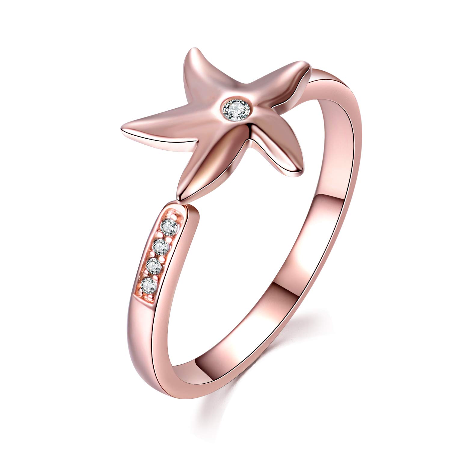 Rose Gold Plated Sterling Silver Starfish Open Ring for Women Teens, Aniamal Jewelry Gifts for Her, (Adjustable Size 6.5-7.5)