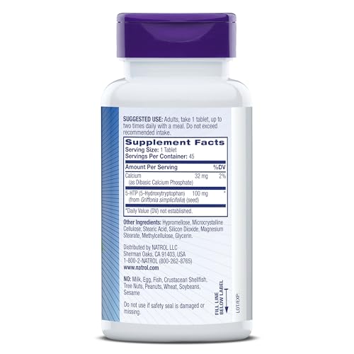 Natrol 5-HTP Time Release tablets, Promotes a Calm Relaxed Mood, Helps Maintain a Positive Outlook, Enables Production of Serotonin, Drug-Free, Controlled Release, Maximum Strength, 100mg, 45 Count