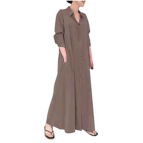 Women Maxi Dress Cotton Linen Loose Button Down Shirt Dress Turn-Down Neck Pockets Solid Color Long Dress