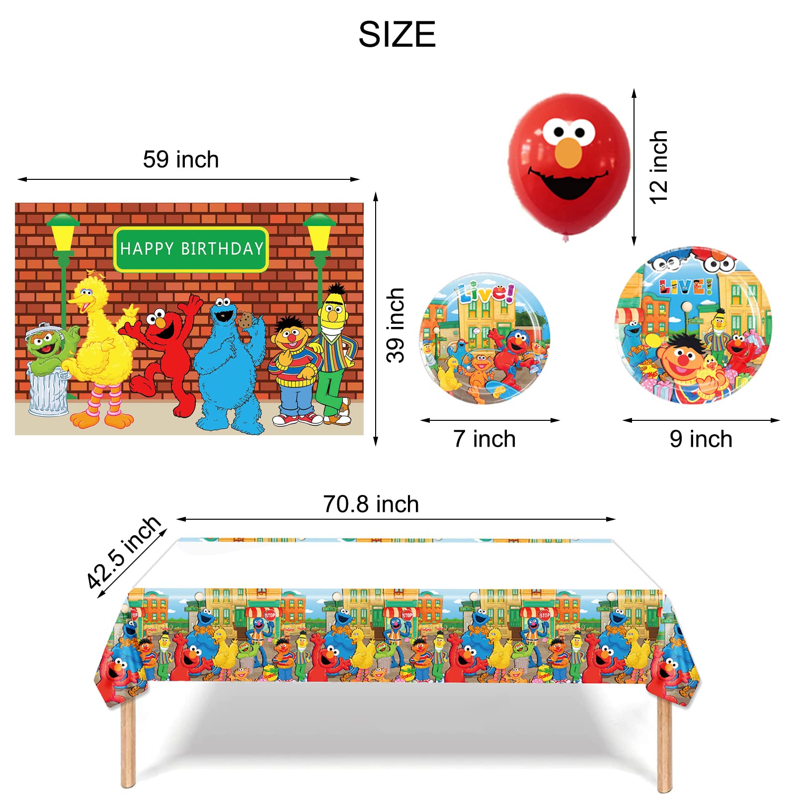Sēsame Strēet Birthday Decorations for Birthday Party, Include Banners, Backdrop, Cake Topper, Tablecloth, Paper Plates, Cupcake toppers, Balloons