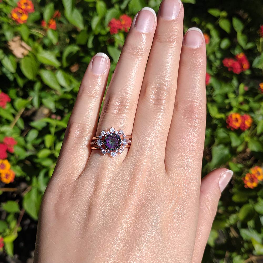 Rose Gold Plated Mystic Topaz Simulant CZ Synthetic Diamond Floral Design Border Round Engagement Ring Bridal Set Trio Ring Stack (Size 7)