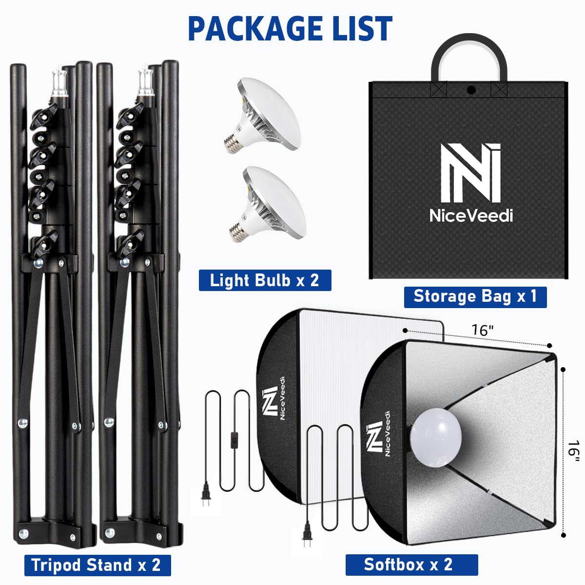 Softbox Lighting Kit, NiceVeedi 2-Pack 16'' x 16'' Softbox Photography Lighting Kit with 63β Tripod Stand & 5400K 450W Equivalent LED Bulb, Continuous Lighting for Photography/Video Record/Live Stream