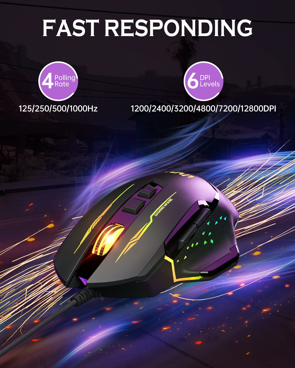 UHURU Wired Gaming Mouse, WM-07L RGB Computer Wired Mouse with 7 Programmable Buttons 14 Backlights Modes up to 12800 DPI for Windows PC Laptop Gamers