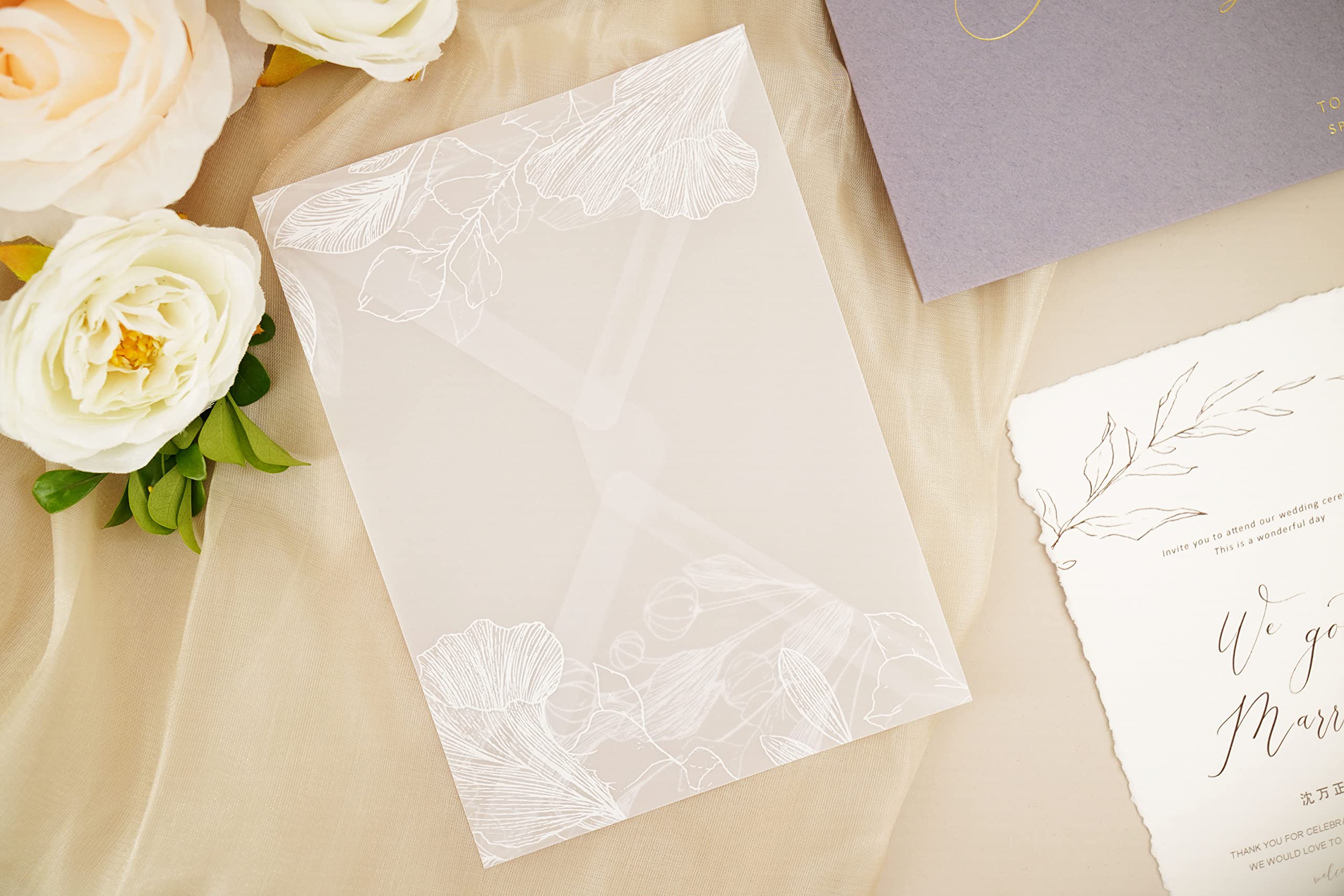 Puremigo 50 Pack Vellum Envelope Translucent Paper, White Elegant Printing Clear Envelopes for 5x7 Inch Invitations for Wedding Bridal Shower