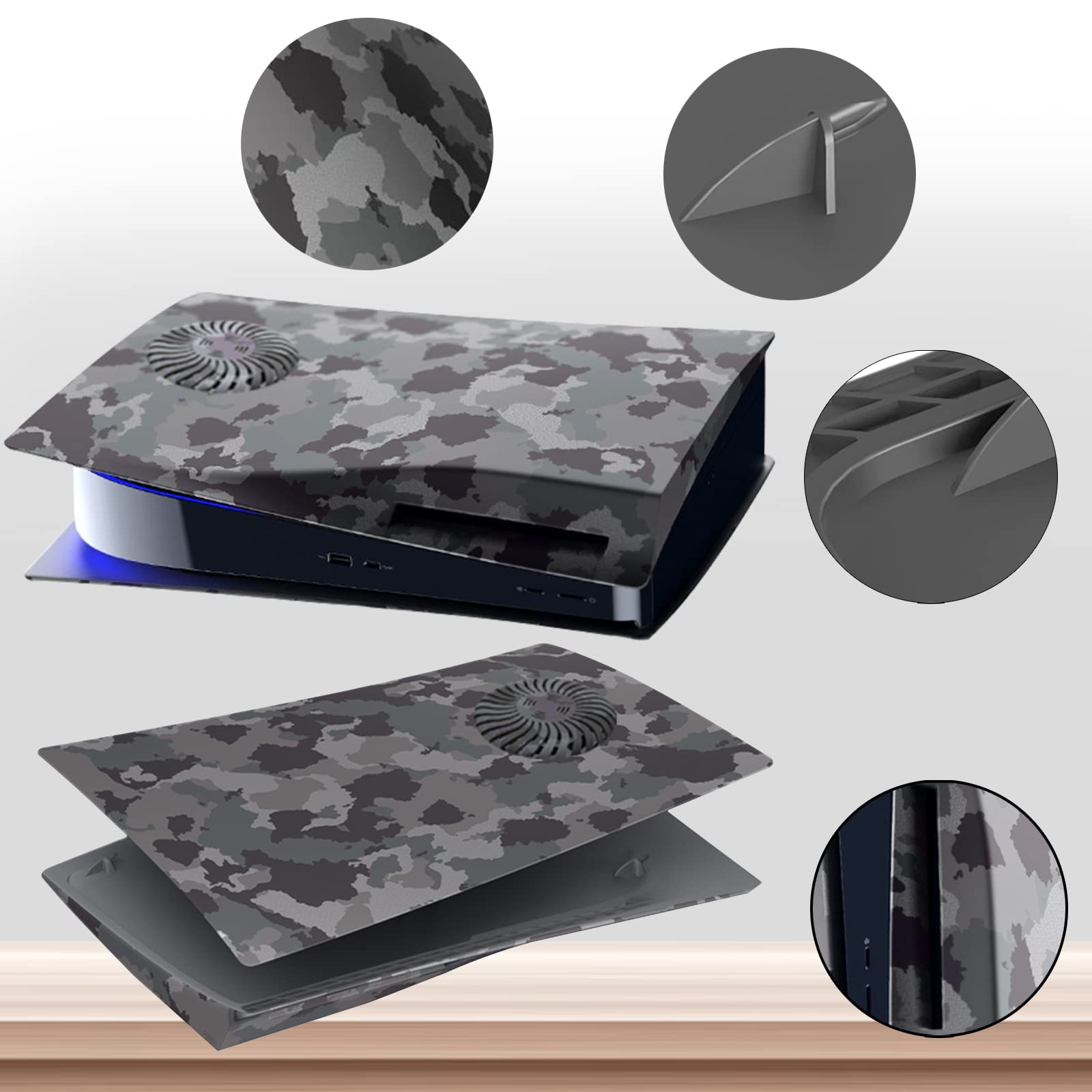 PS5 Plates Gray Camouflage, PS5 Face Plates with Cooling Vents, Anti-Scratch Dustproof PS5 Cover Plates Premium Hard PC PS5 Replacement Shell Plates for PS5 Console Disc Edition