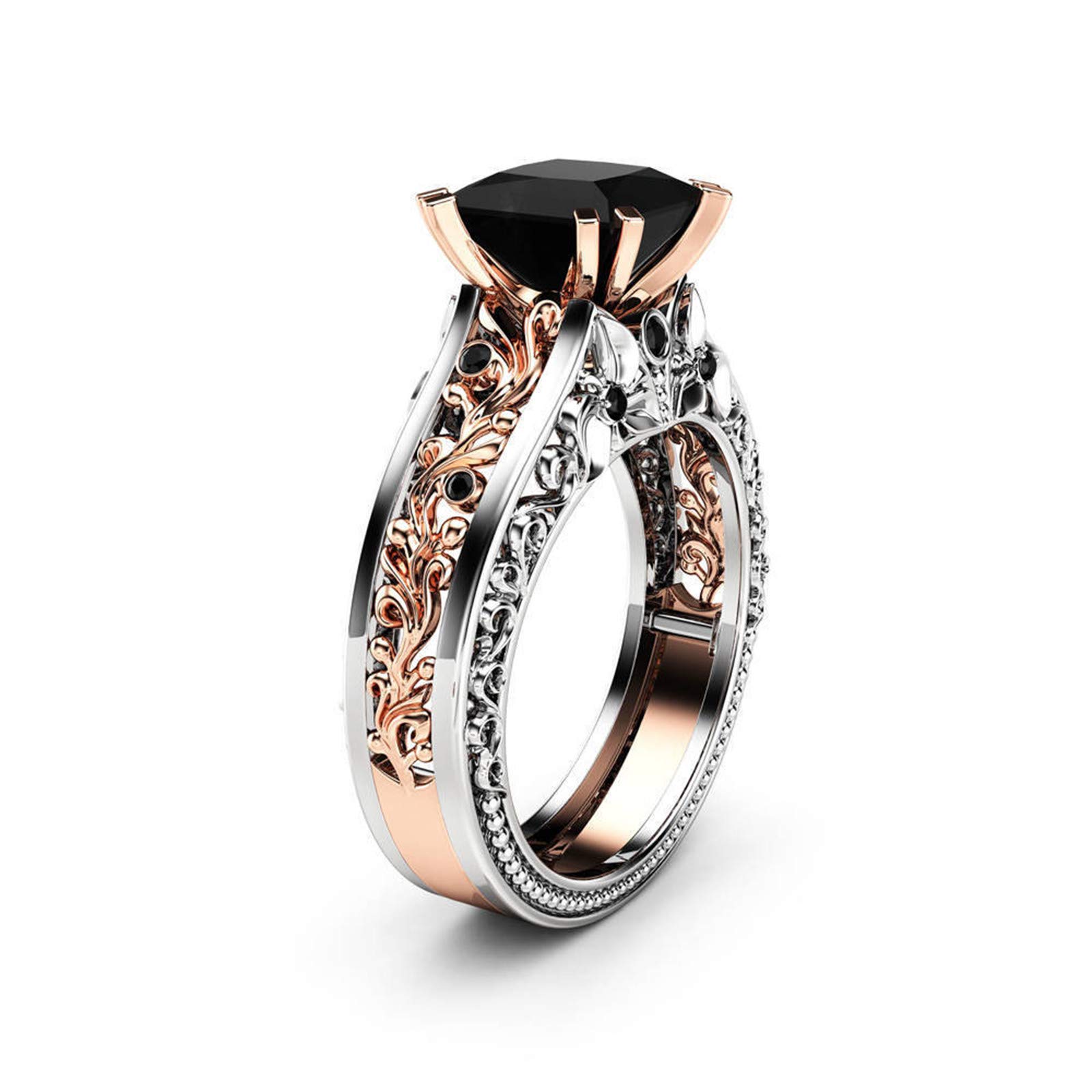 Taswuw Press Cut Gold Black Diamond Engagement Rings for Women Classic Side one Prong Set Diamond Floral Wedding Ring