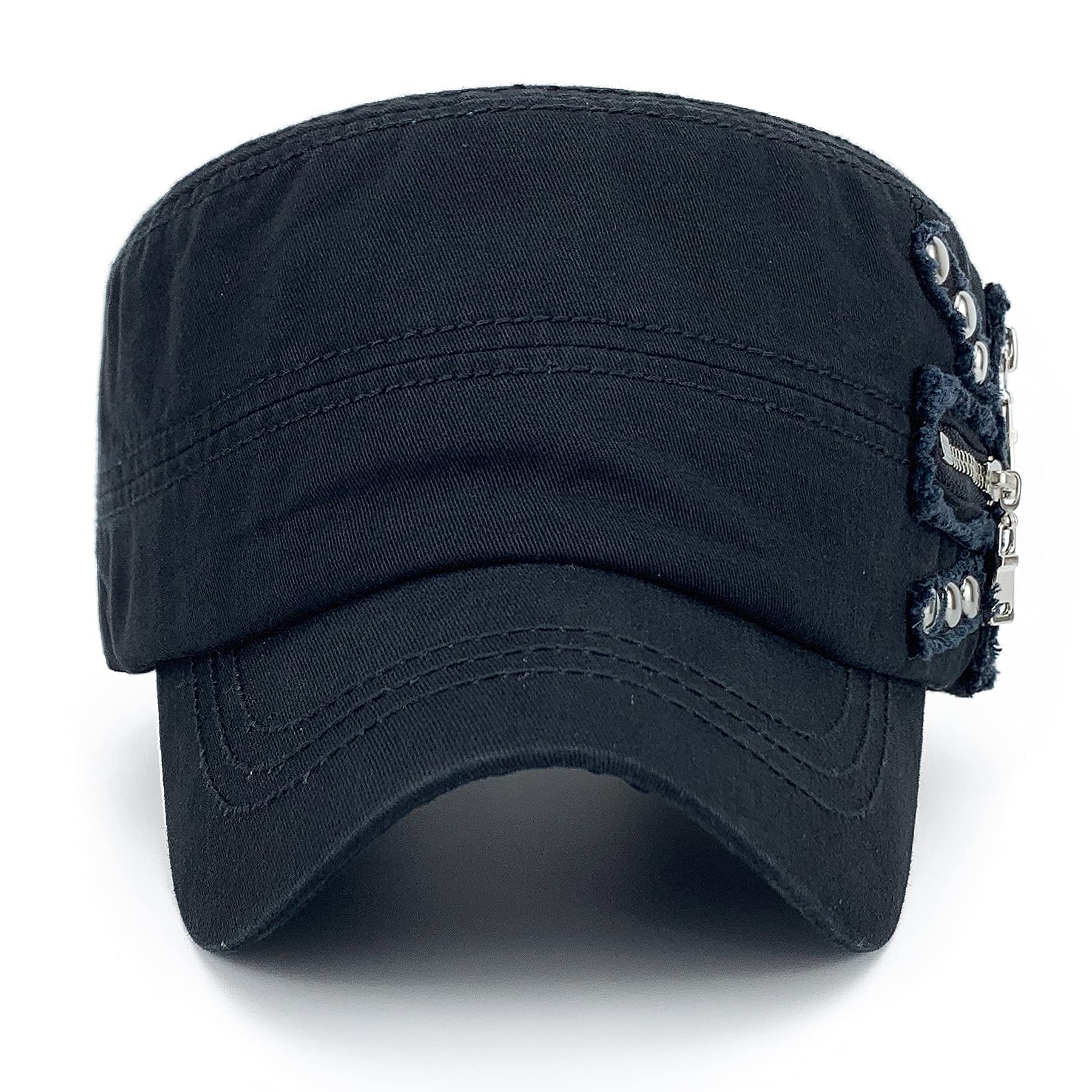 REDSHARKS Women Soft Washed Cotton Zip Cadet Army Cap Adjustable Military Hat Flat Top Baseball Sun Cap Zipper Stud Black