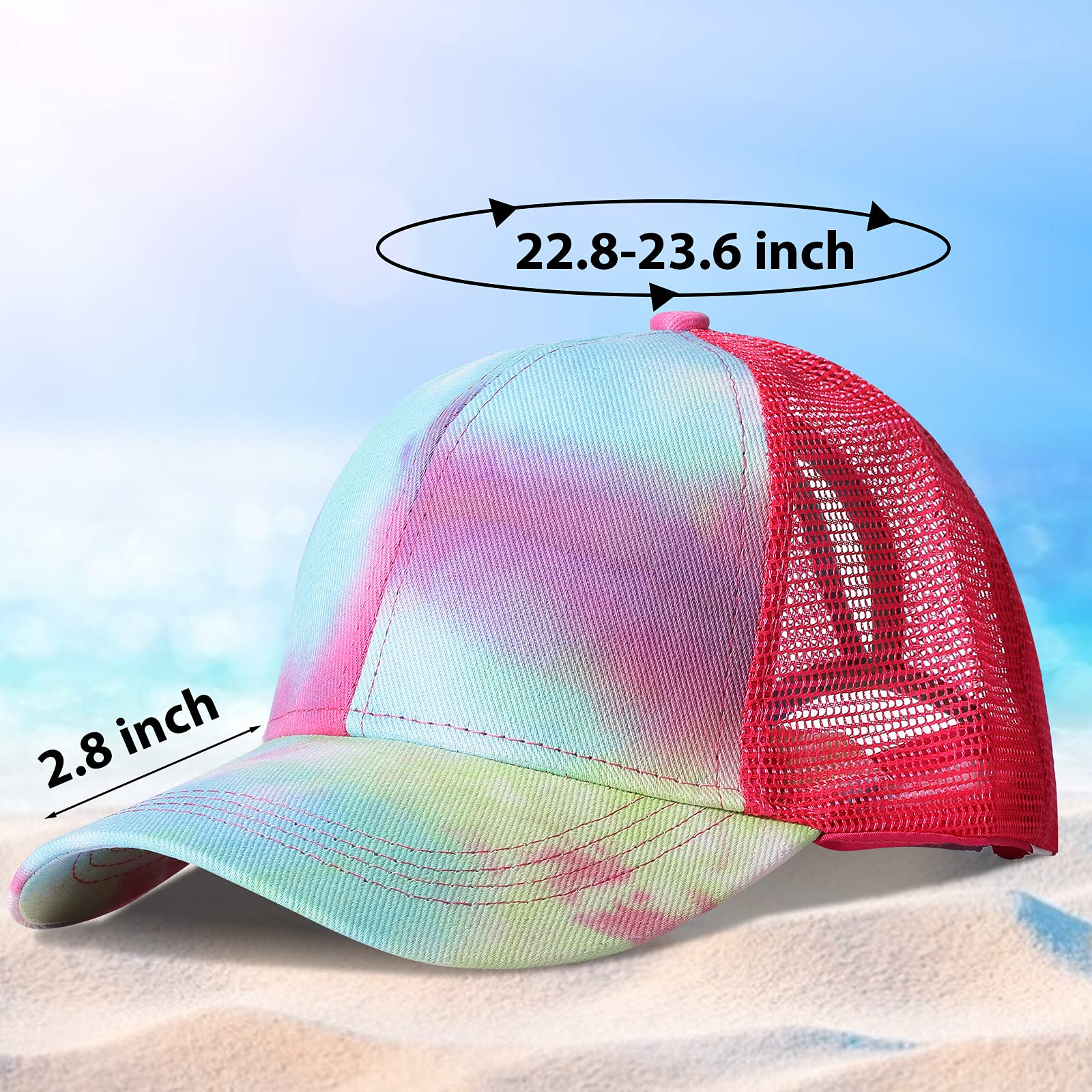 SATINIOR 7 Pieces Tie Dye Ponytail Cap Messy Buns Baseball Cap Ponytail Adjustable Mesh Trucker Baseball Cap Distressed Ponytail Trucker Ponycap Dad Trucker Mesh Hat 7 Colors,One Size