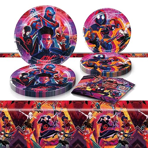 Spider Miles Birthday Party Supplies For Kids Include 20PCS Plates,20PCS Napkins And 1PC Table Cover Birthday Party Tableware