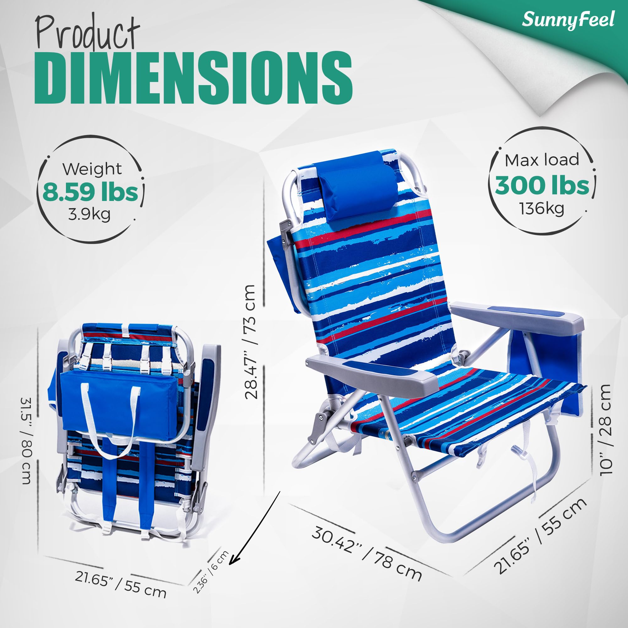 SUNNYFEEL Extra Wide 28" Low Beach Chair 5 Position Lay Flat, XL Oversized Portable Folding Camping Chairs with Cup Holder for Outdoor/Trip, Lightweight Foldable Backpack Beach Chair for Adults
