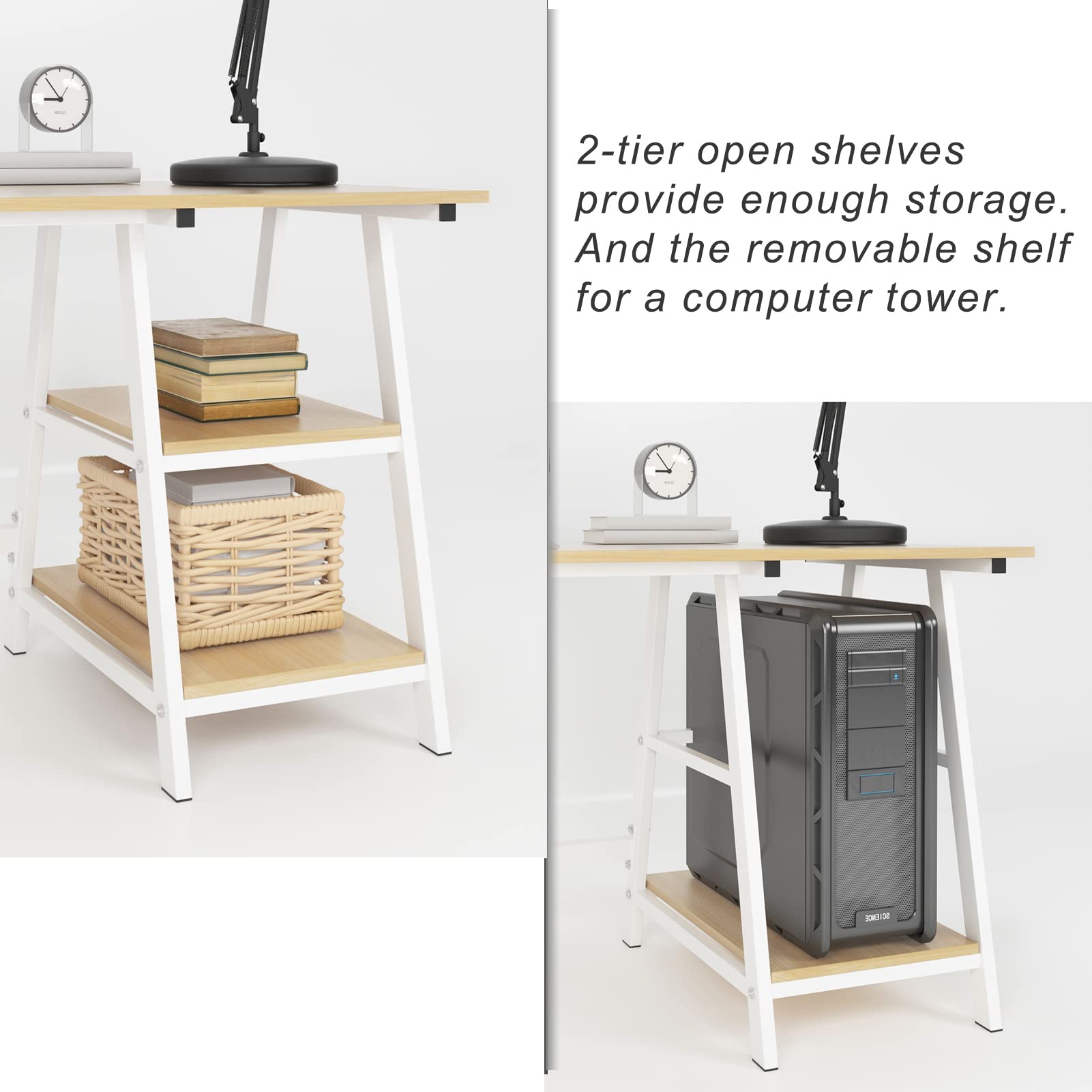 SogesGame Computer Desk Laptop PC Desk,Trestle Desk Writing Study Home Office Workstation with 2 Storage Shelf, Easy to Assemble Table for Home Office Study Writing and Office (55 inches, Maple)